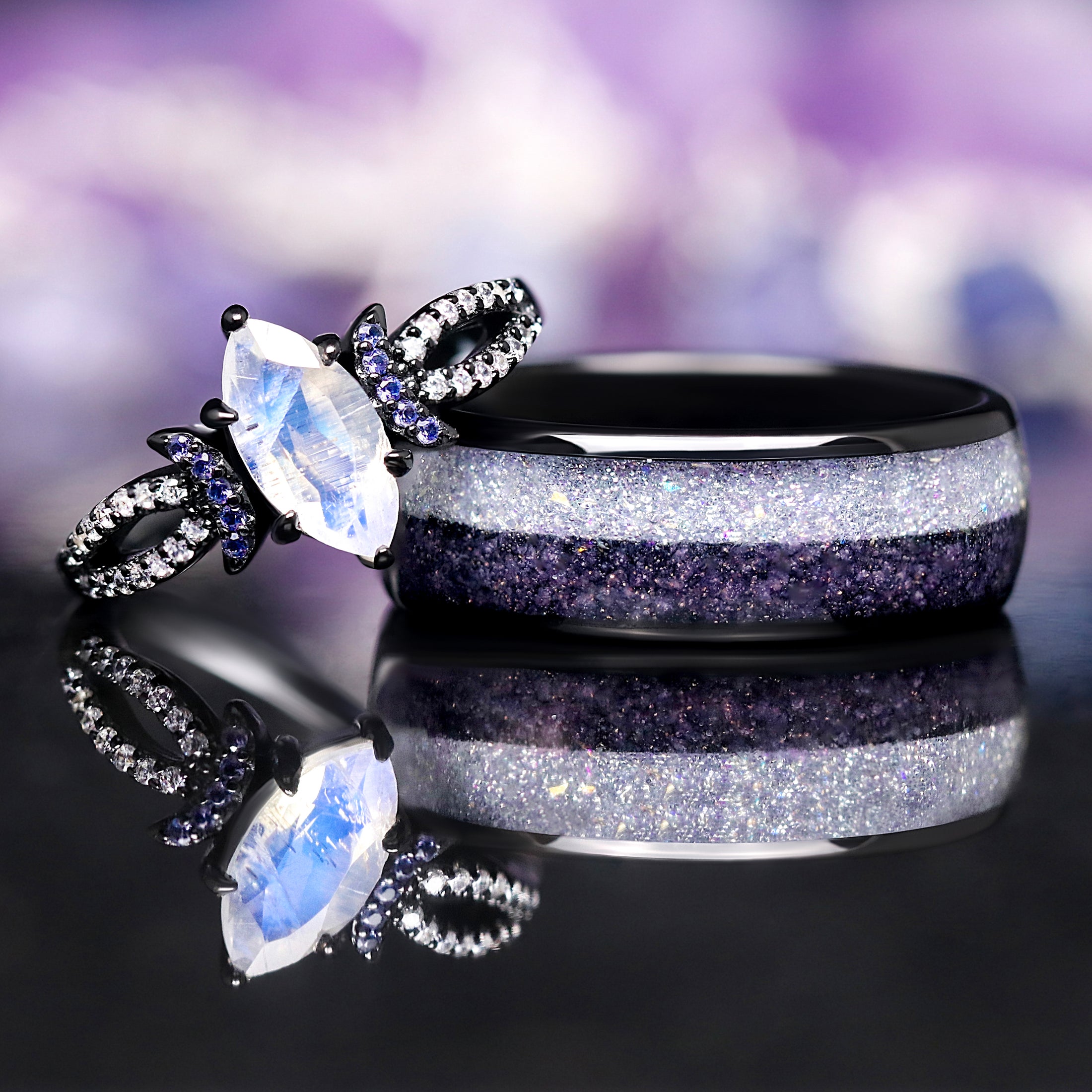 Glow-in-the-Dark Couples Ring Set | His & Her Moonstone Ring | Black