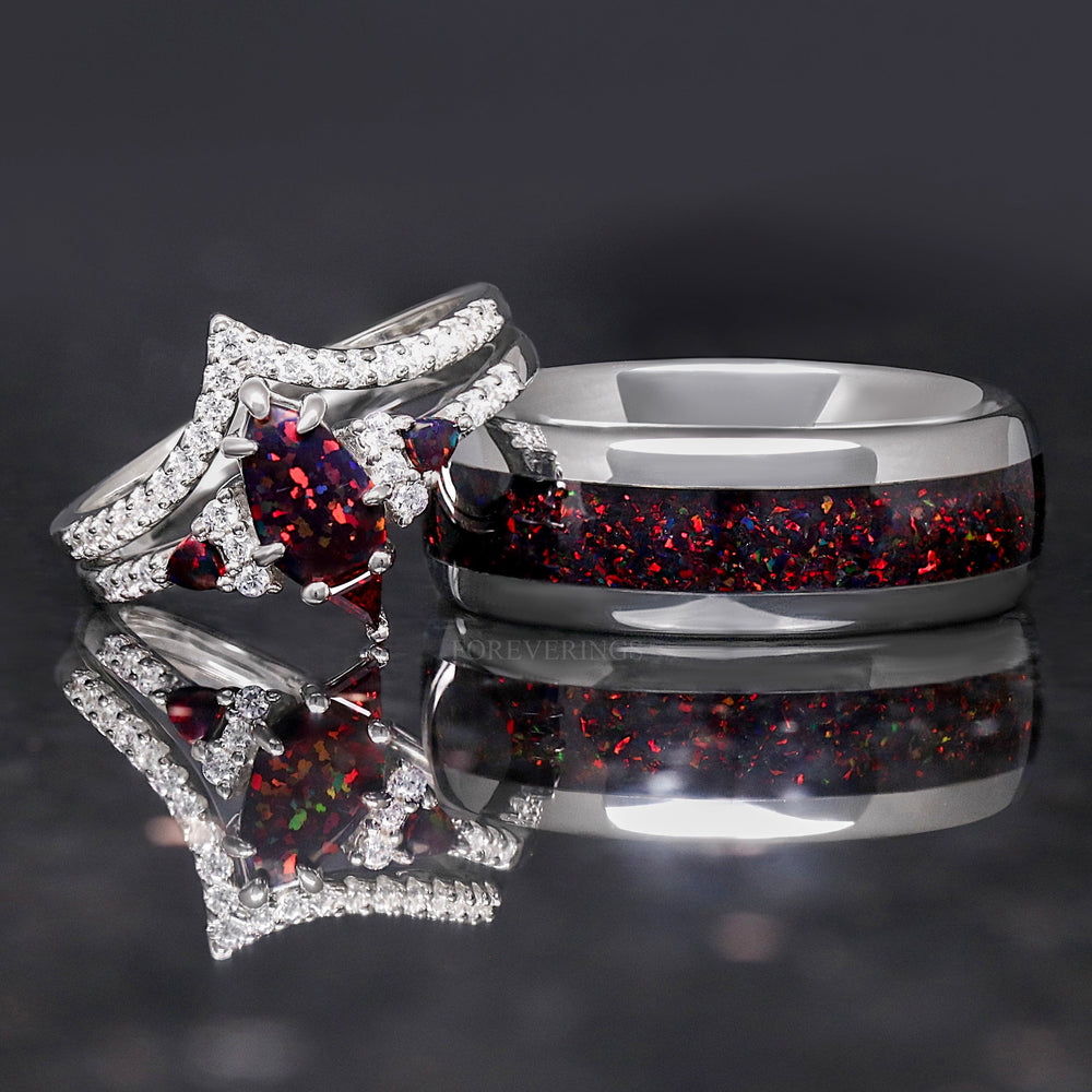 Lumiere Black Fire Opal Ring Set in Silver for Couples