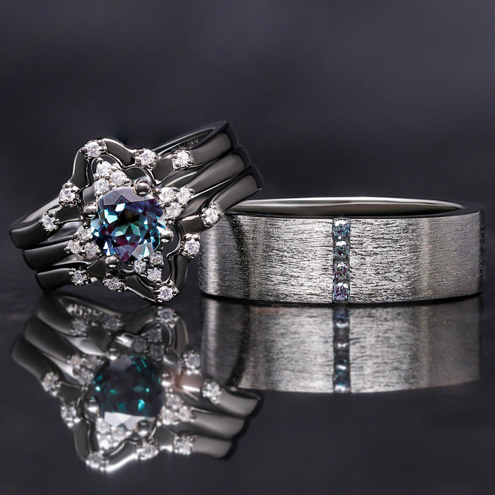 Couples Alexandrite Wedding Ring Set in Black Sterling Silver