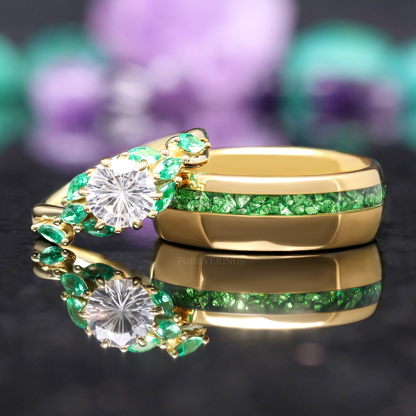 Nesta White Sapphire Couples Engagement Ring Set | Gold Emerald Ring