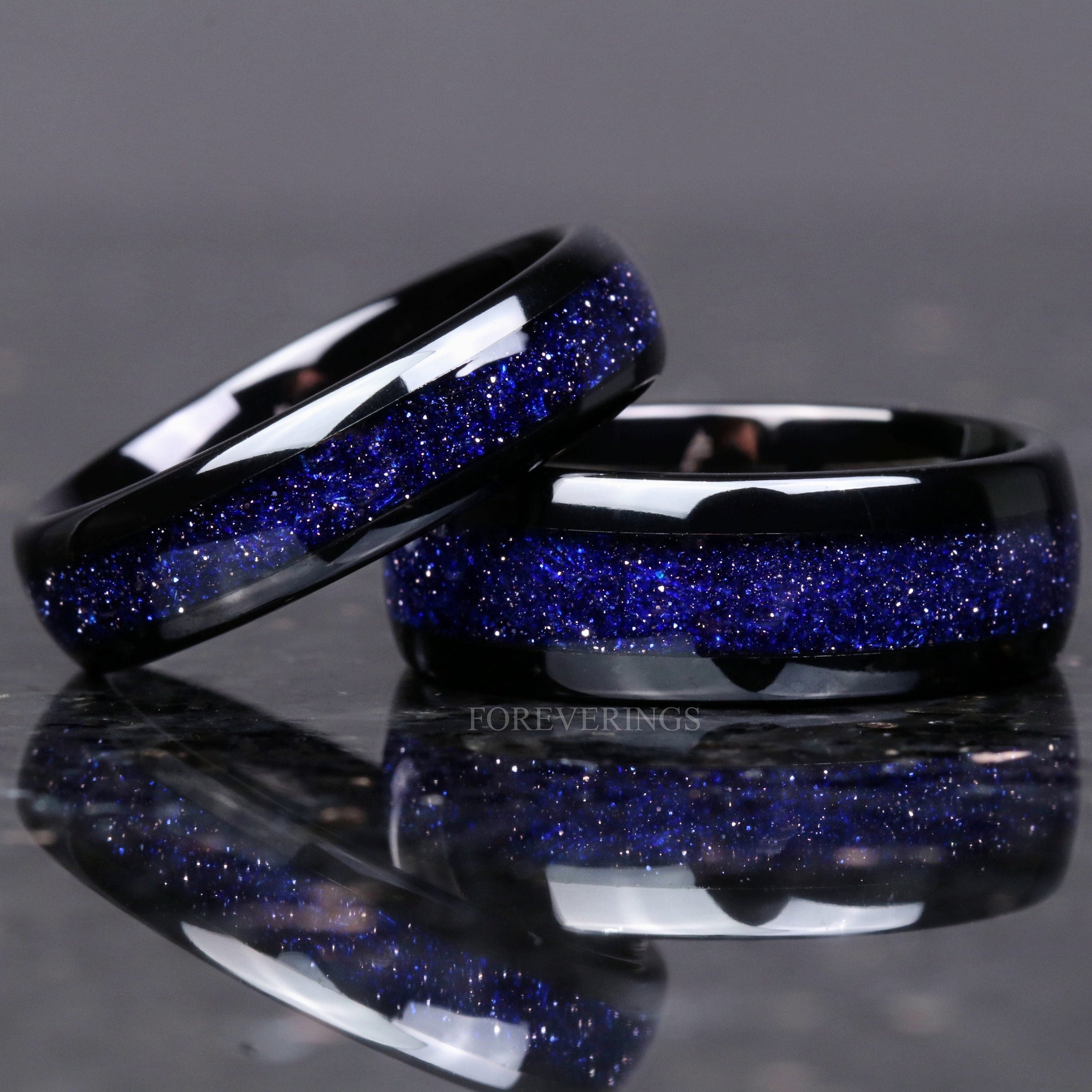 Great Rift Nebula Black Tungsten Ring Set | Blue Sandstone Dome Design
