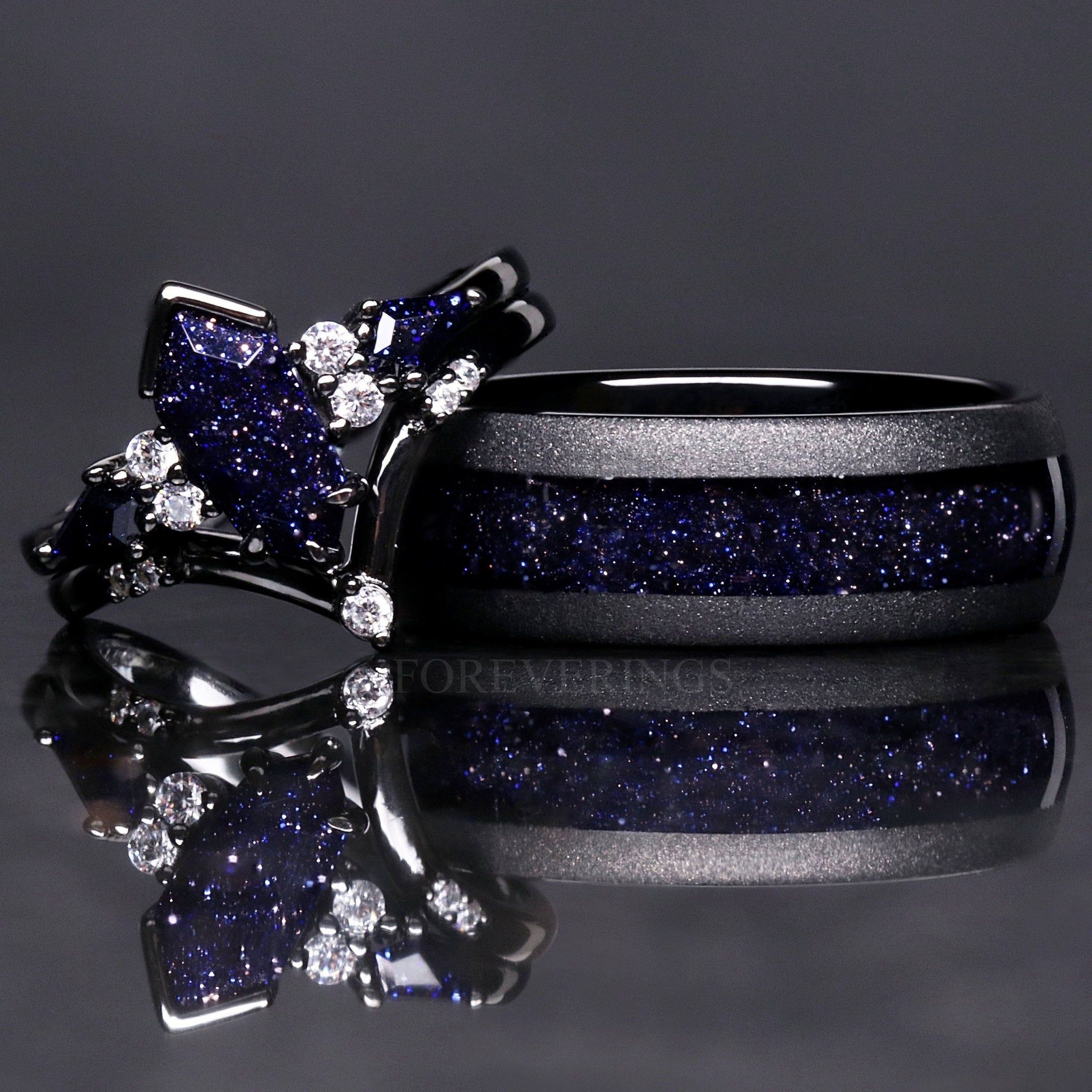 Matching Rift Nebula Ring Set | His and Her Starry Night Wedding Bands