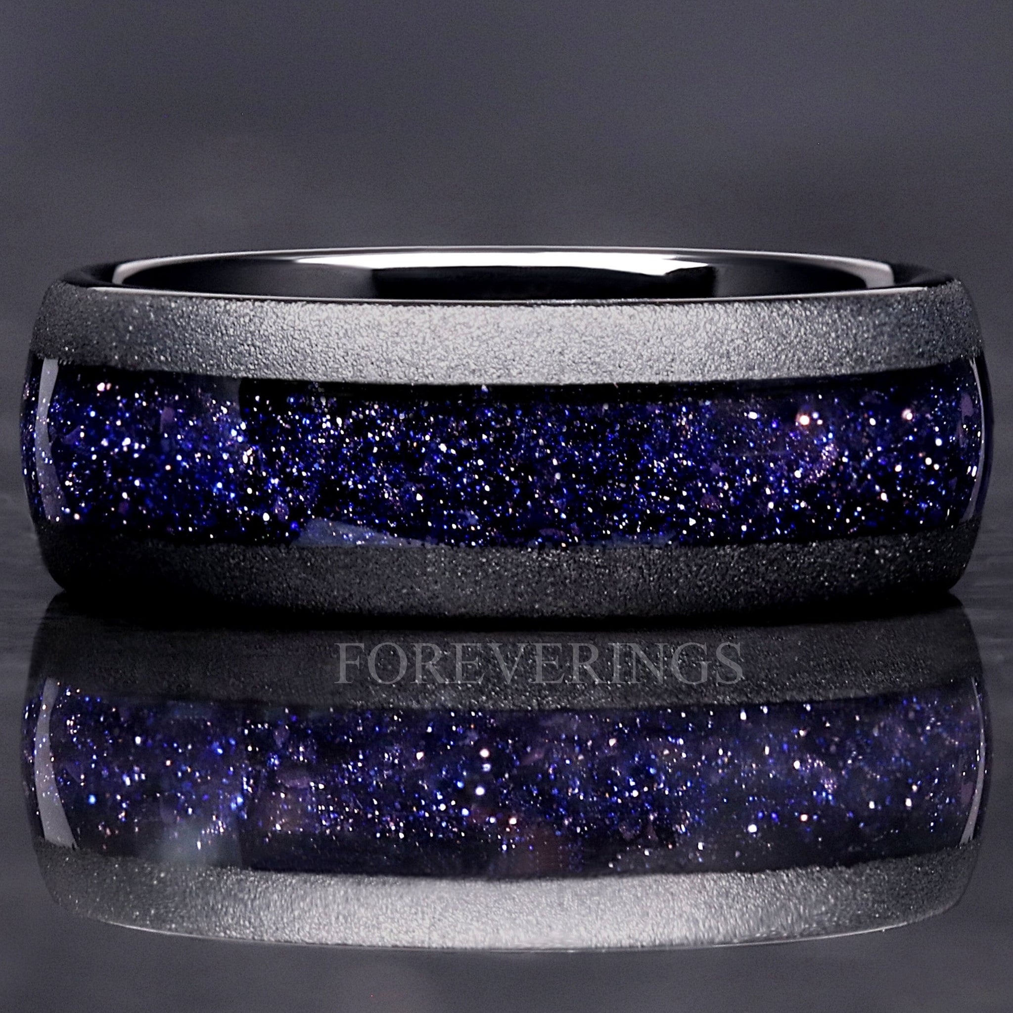 8mm Black Tungsten Wedding Band | Blue Sandstone Rift Nebula Ring