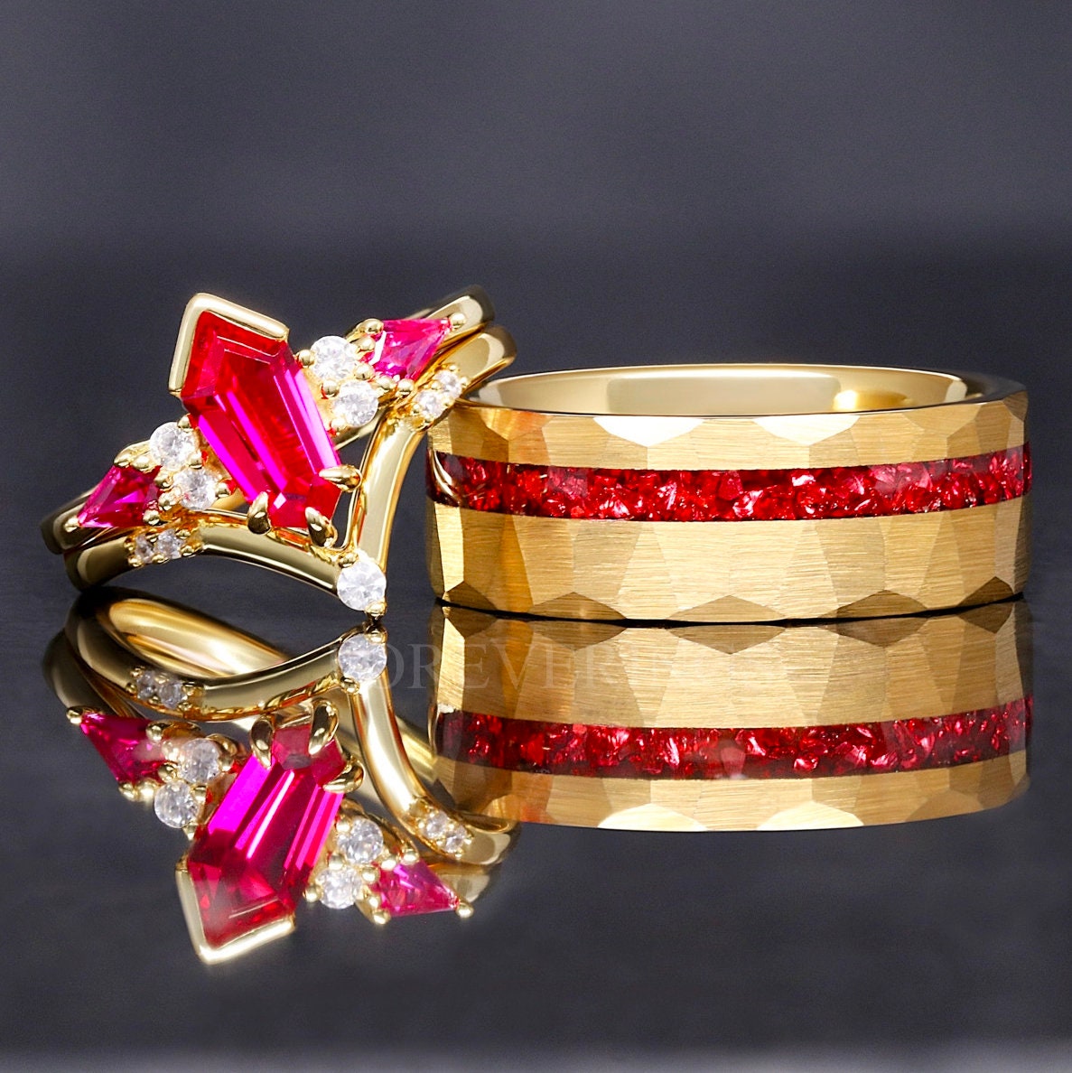Natural Ruby Wedding Ring Set | 925 Silver & Gold Tungsten