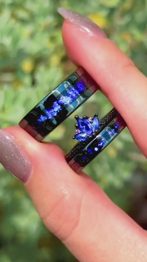 Blue Lotus Orion Nebula Wedding Ring Set | His and Hers Couple Rings